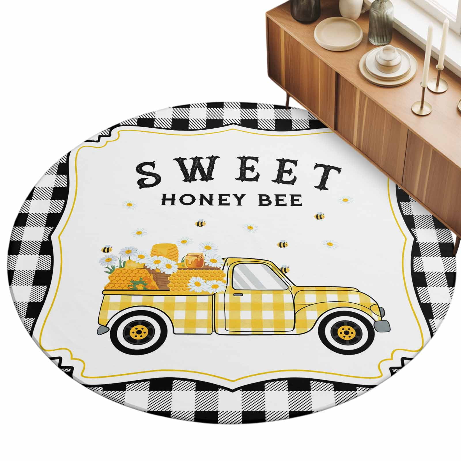 3ft Round Rug Yellow Truck Area Rugs for Living Room Bedroom Washable ...