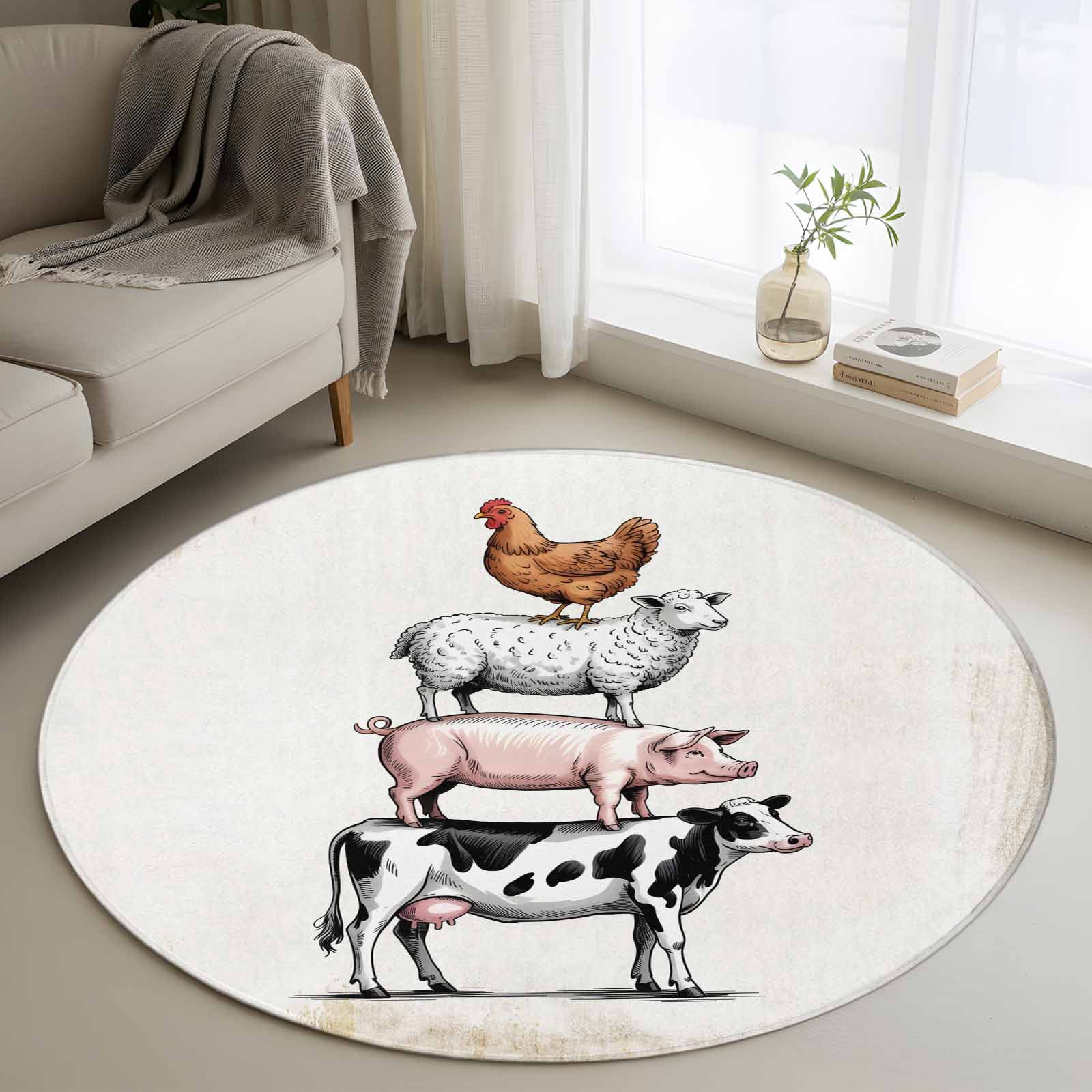 3ft Washable Round Rug, Farm Animals Non-Slip Circle Area Rug for ...