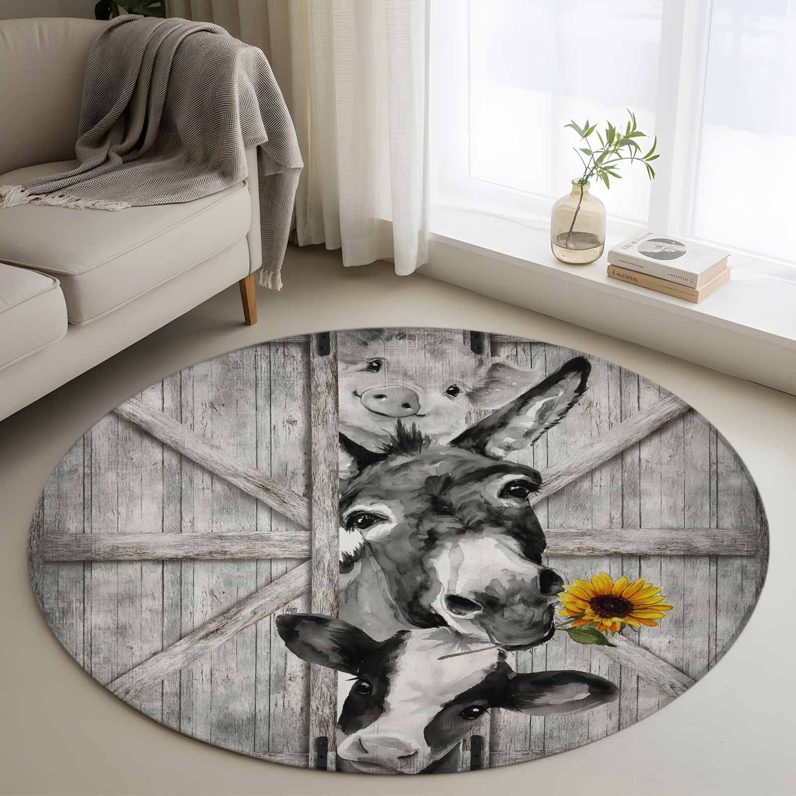 3ft Washable Round Rug, Grey Donkey Pig Cow Non-Slip Circle Area Rug ...
