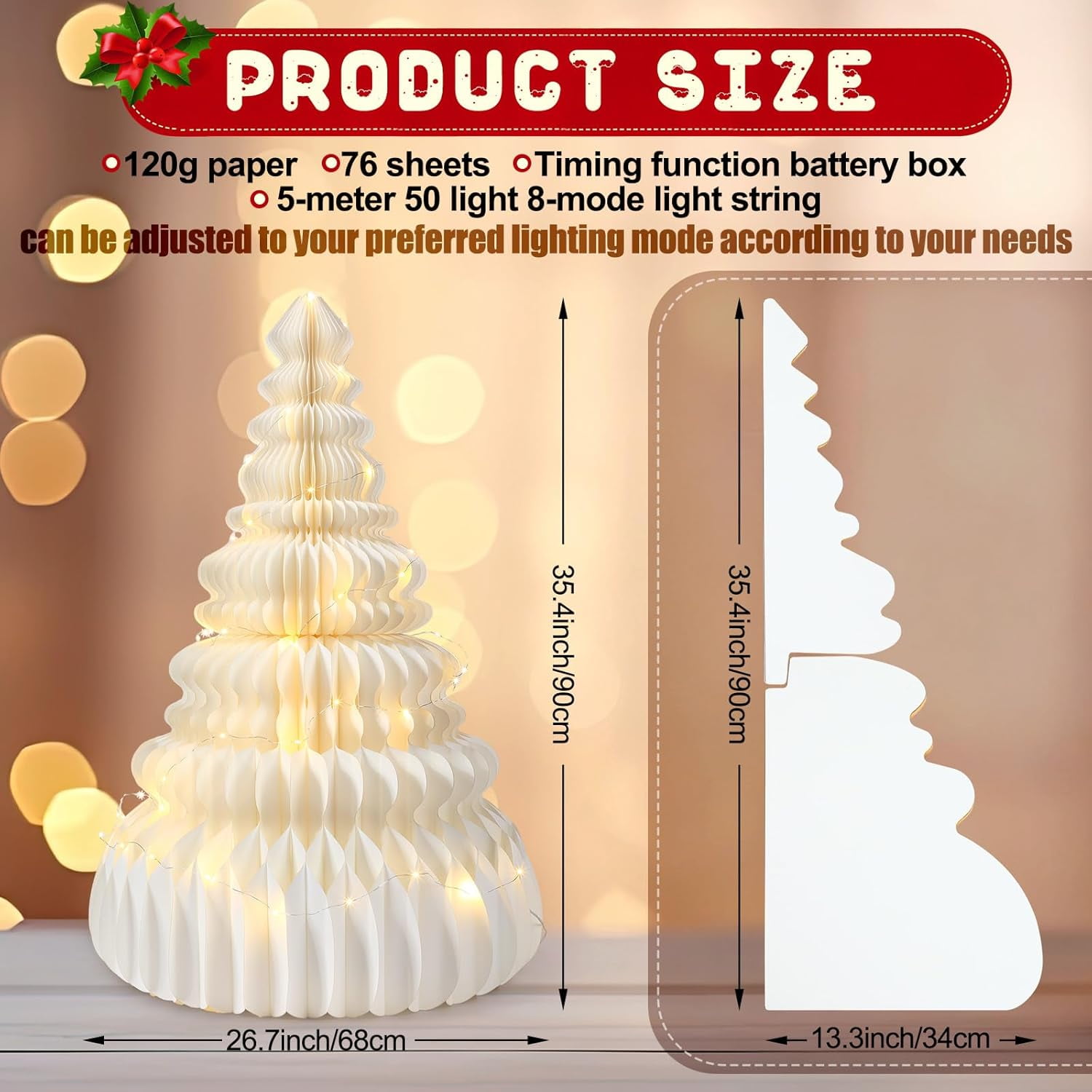 3ft x 20 Inch Extra Large Gold Edged 3D Paper Christmas Tree with 5 ...