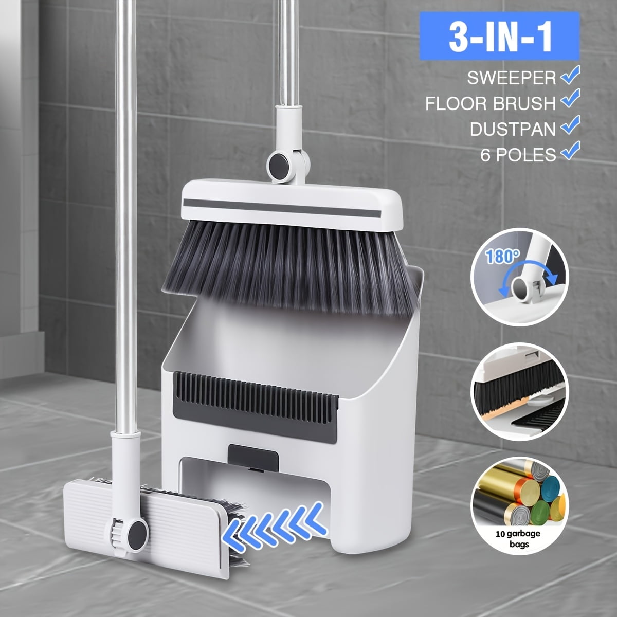3in 1 Broom And Dustpan Combo Set with Garbage Bags, Cleaning Tools Set ...