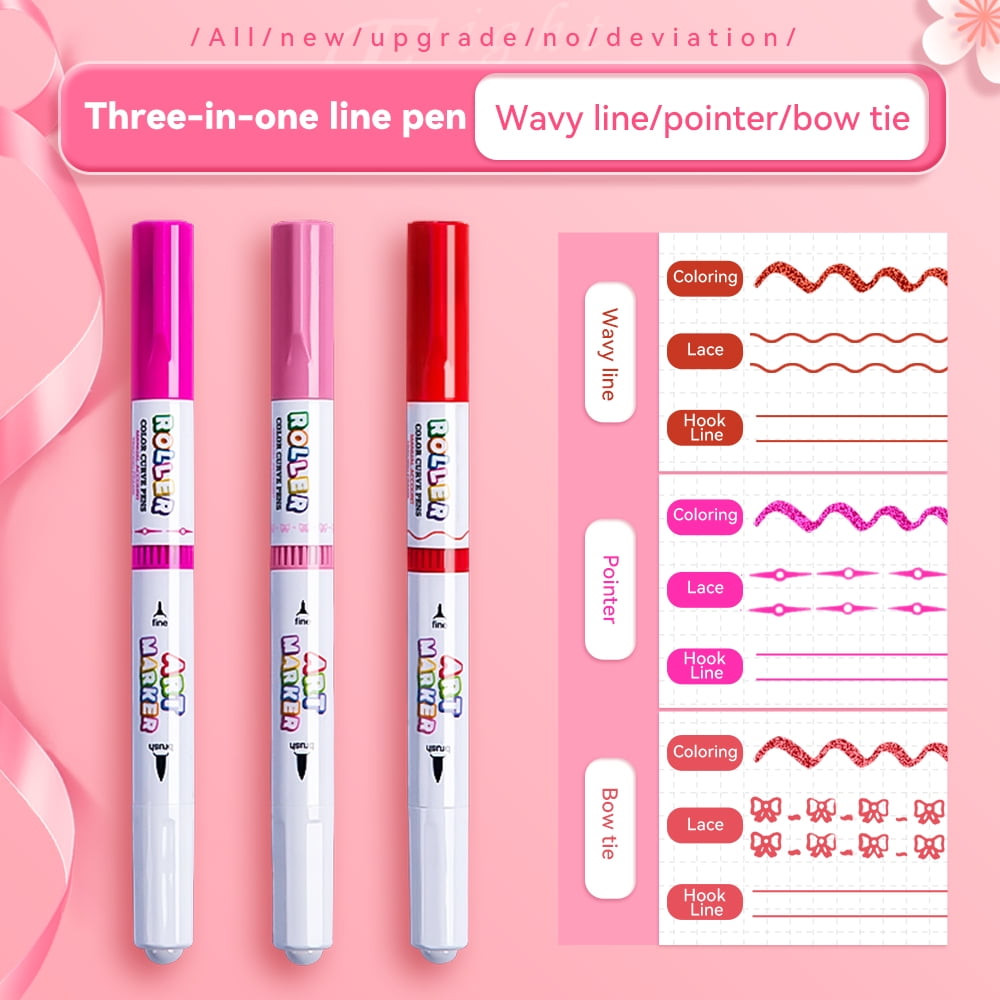 3in 1 Kawaii Highlighter Markers Set Kit Colorful Line Shaped Roller Tip Korean Stationery ...