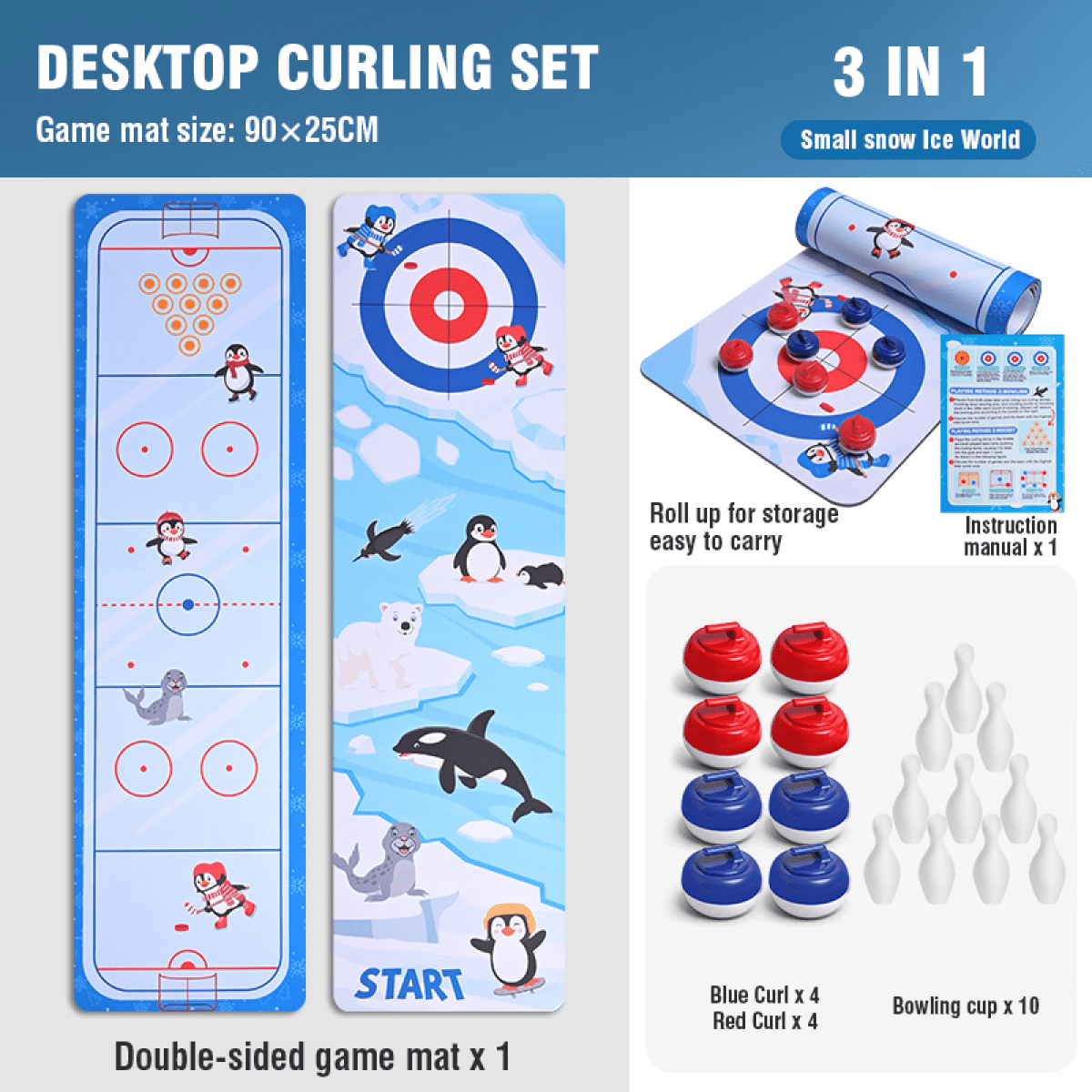 3in1 Bowling Game & Curling Game Set with Curling Ball and Mat for Kids ...