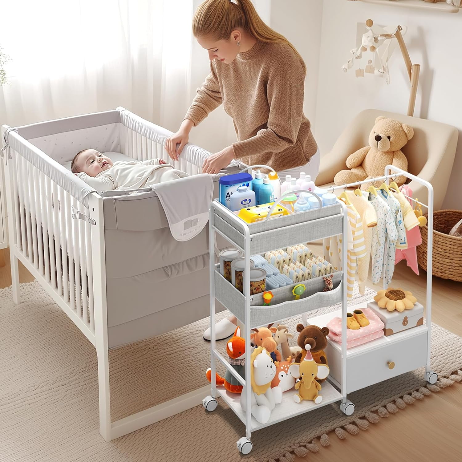 3in1 Diaper Caddy Organizer - Diaper Caddy & Rolling Diaper Cart with ...