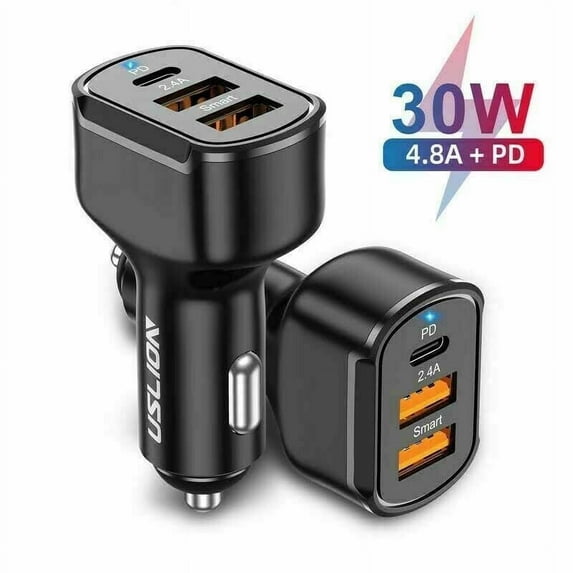 USB PD 30W 3in1 Type-C Car Charger, 2.4A Fast Charge Adapter for iPhone ...