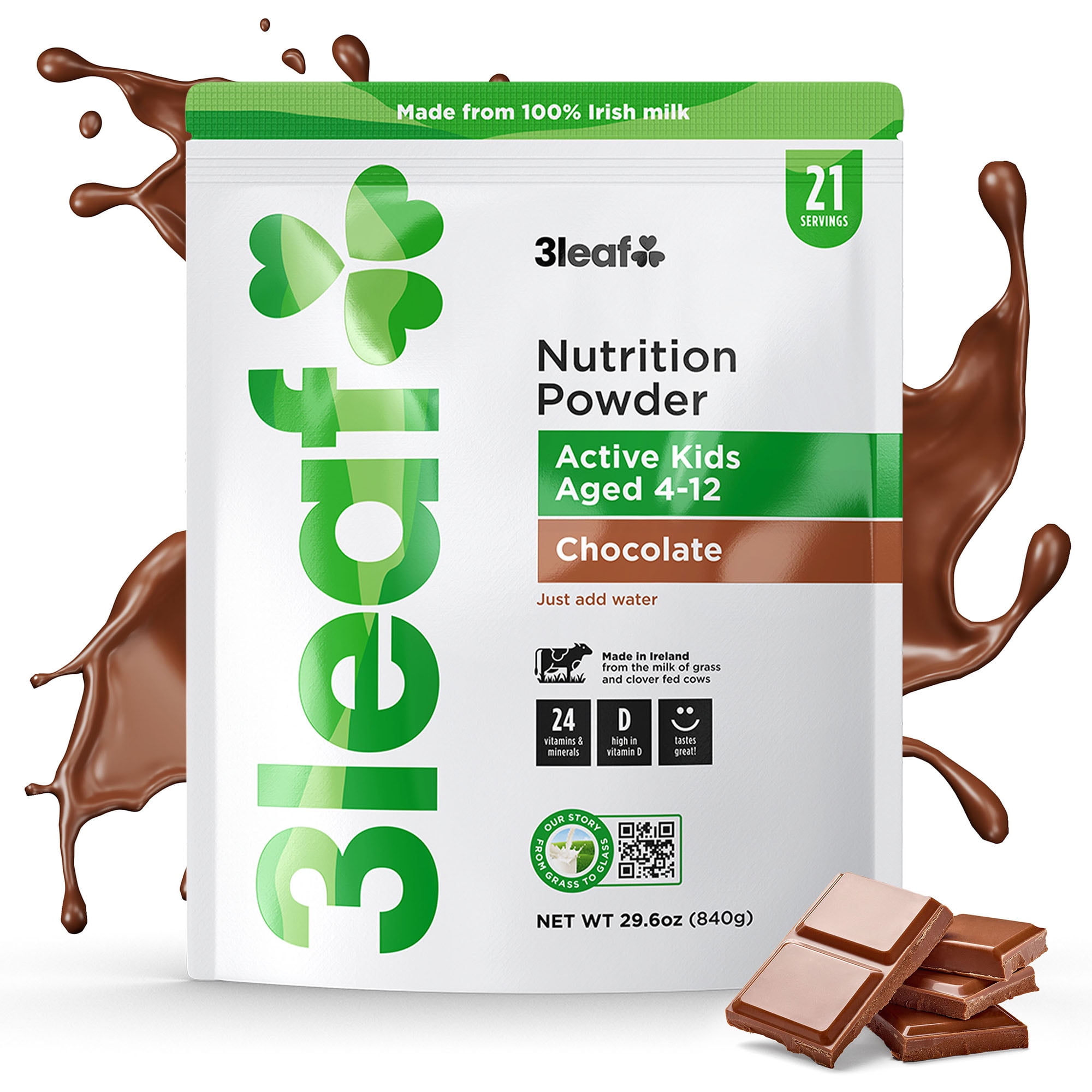 3Leaf Kids Chocolate Protein Powder, Grass Fed Irish Whole Milk, 29.6 ...
