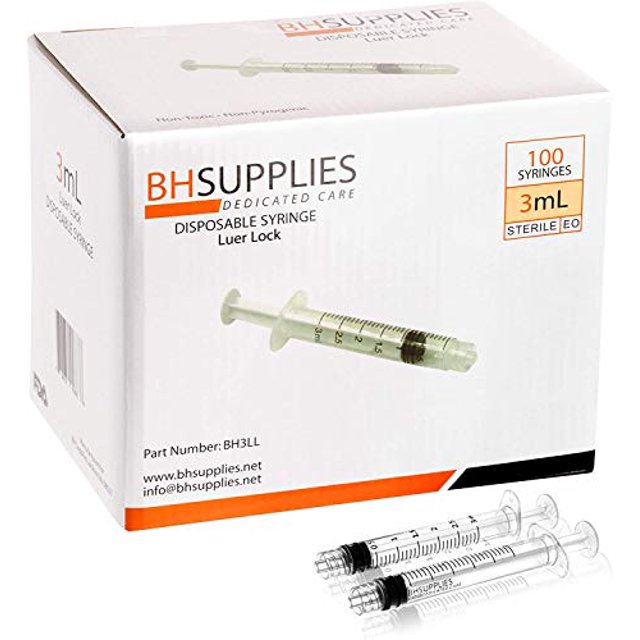 3ml Syringe Sterile with Luer Lock Tip - 100 Syringes by BH Supplies (No Needle) Individually ...