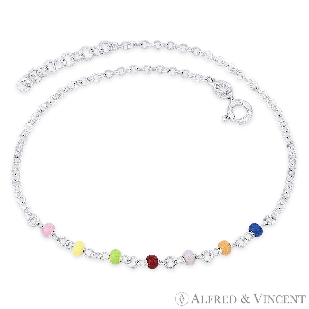 3mm Enamel Bead, & 2.2mm Flat Rolo Chain Italian Charm Anklet in .925 ...