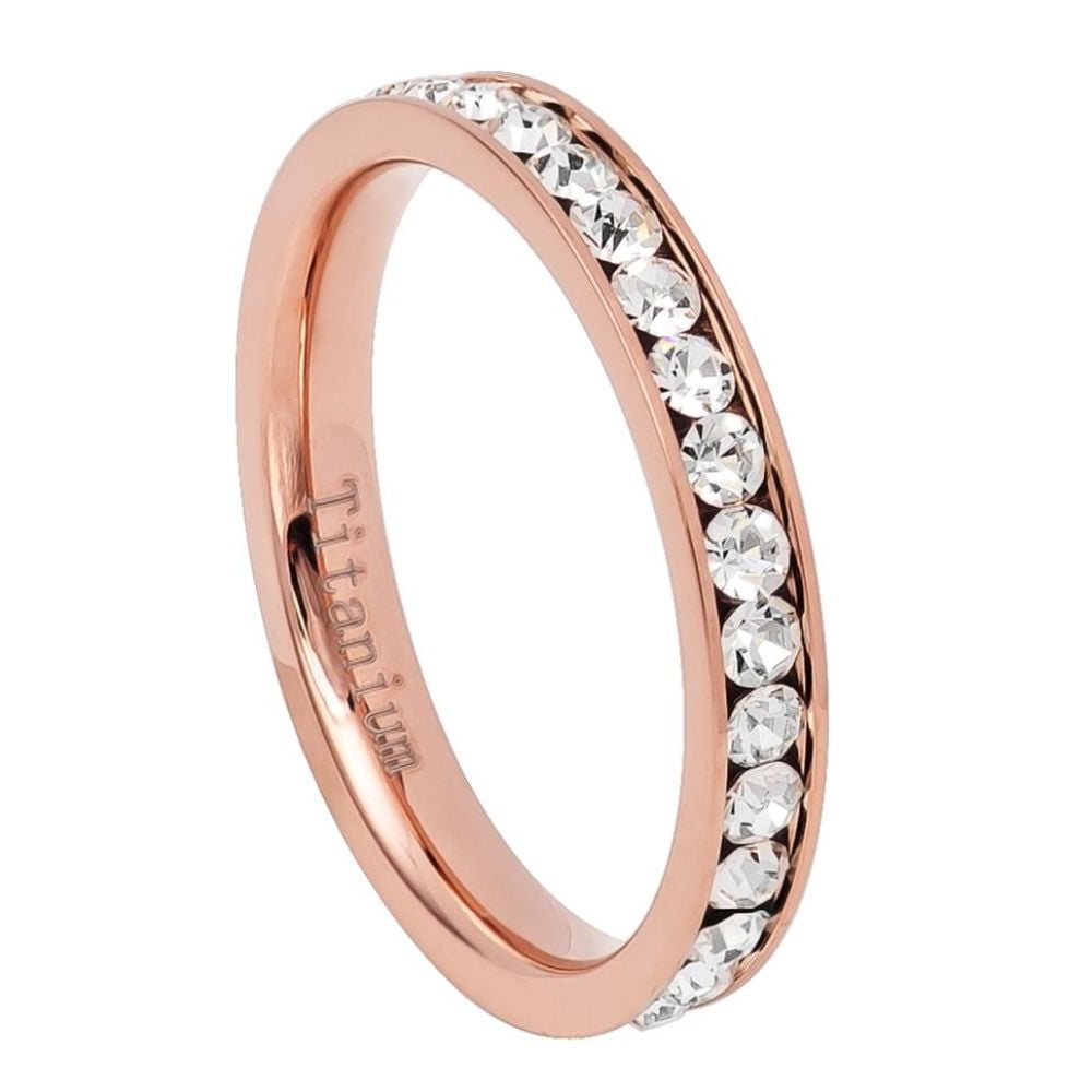 3mm Rose Gold IP Plated Titanium Eternity Ring with White CZs Wedding ...