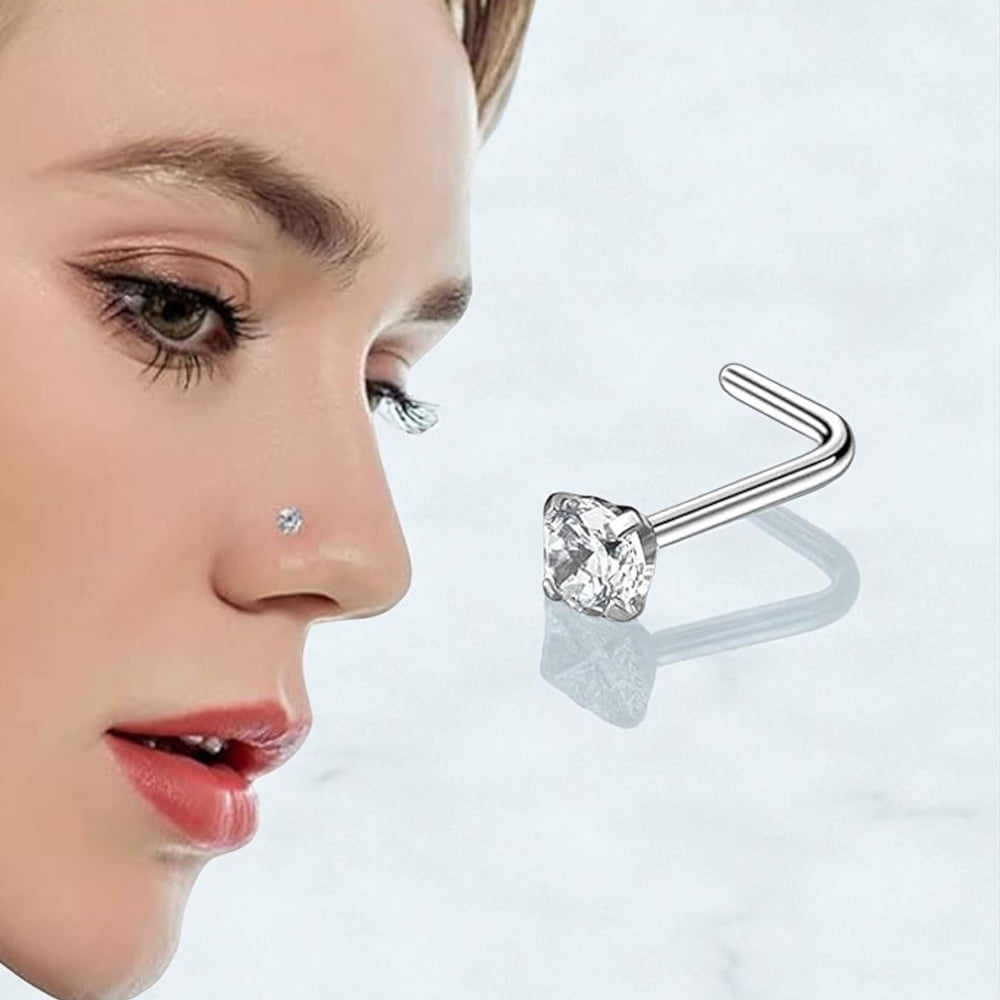 3mm Round Crystal Stainless Steel L Shaped Nose Stud Single Piece ...