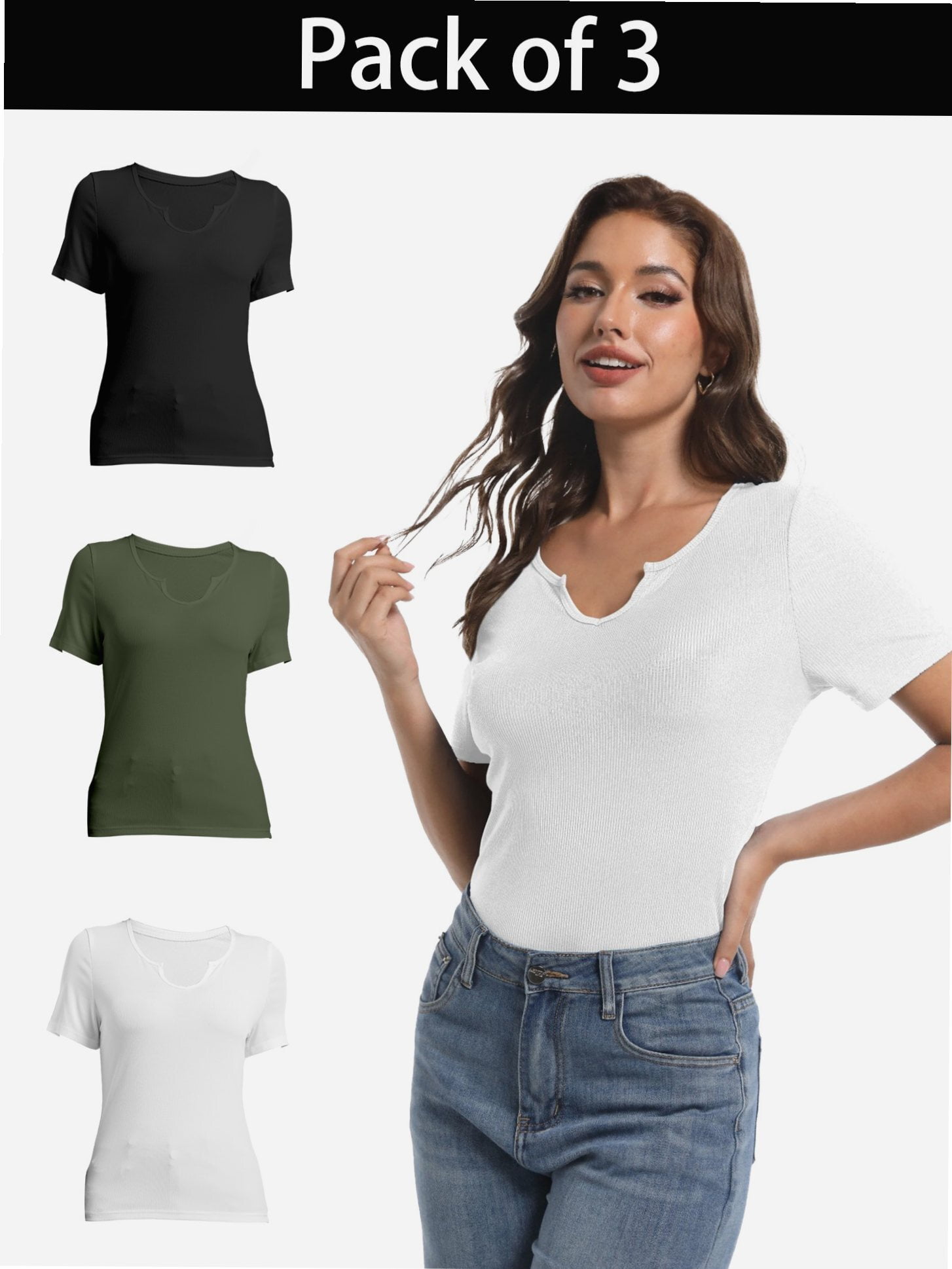 3pack-Army green&Black&White Women V Neck Ribbed Short Sleeve Shirt Fitted Basic Henley Knit Top ...