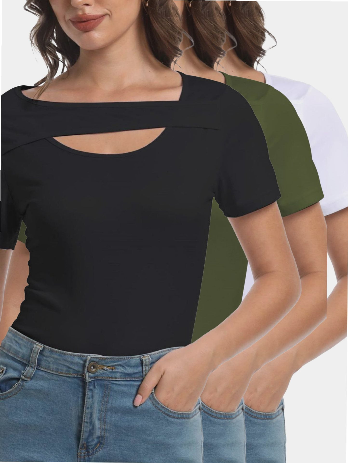 3pack-Black&Army Green&White Womens Summer Short Sleeve T Shirts Knit ...