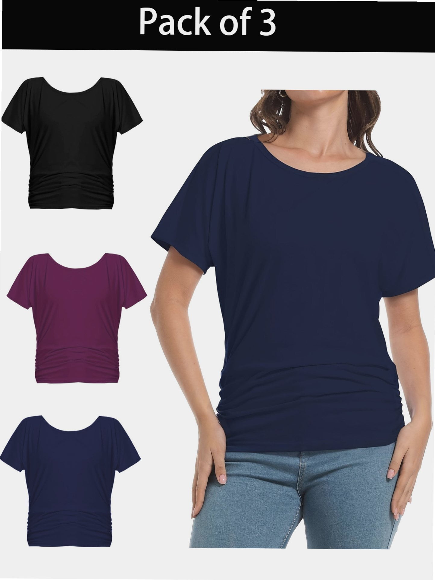 3pack-Black&Deep Purple&Navy Women's Short Sleeve Boat Neck Dolman Top with Side Shirring ...