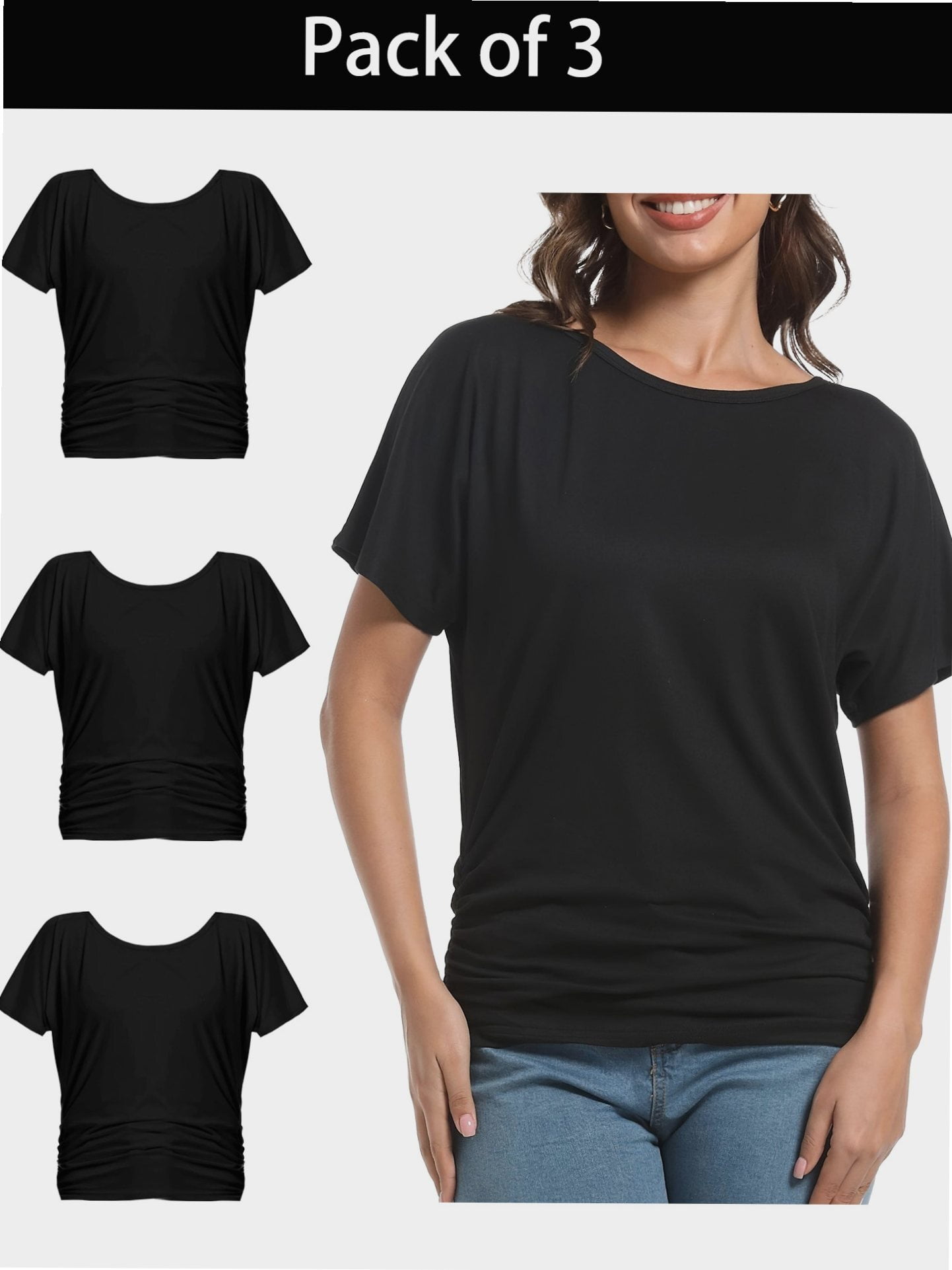 3pack-Black Women's Short Sleeve Boat Neck Dolman Top with Side Shirring - Walmart.com