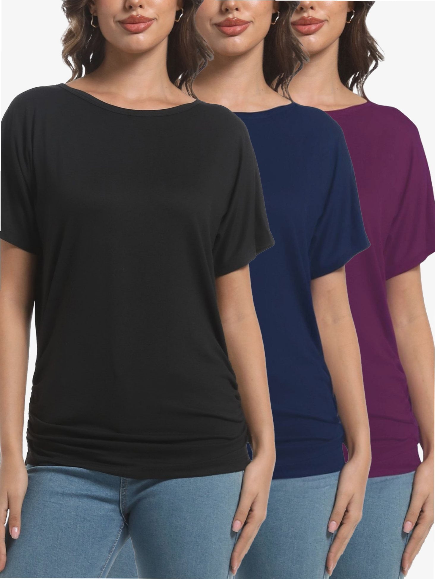 3pack-Black Womens Casual T Shirts Dolman Short Sleeve Shirts Boat Neck ...
