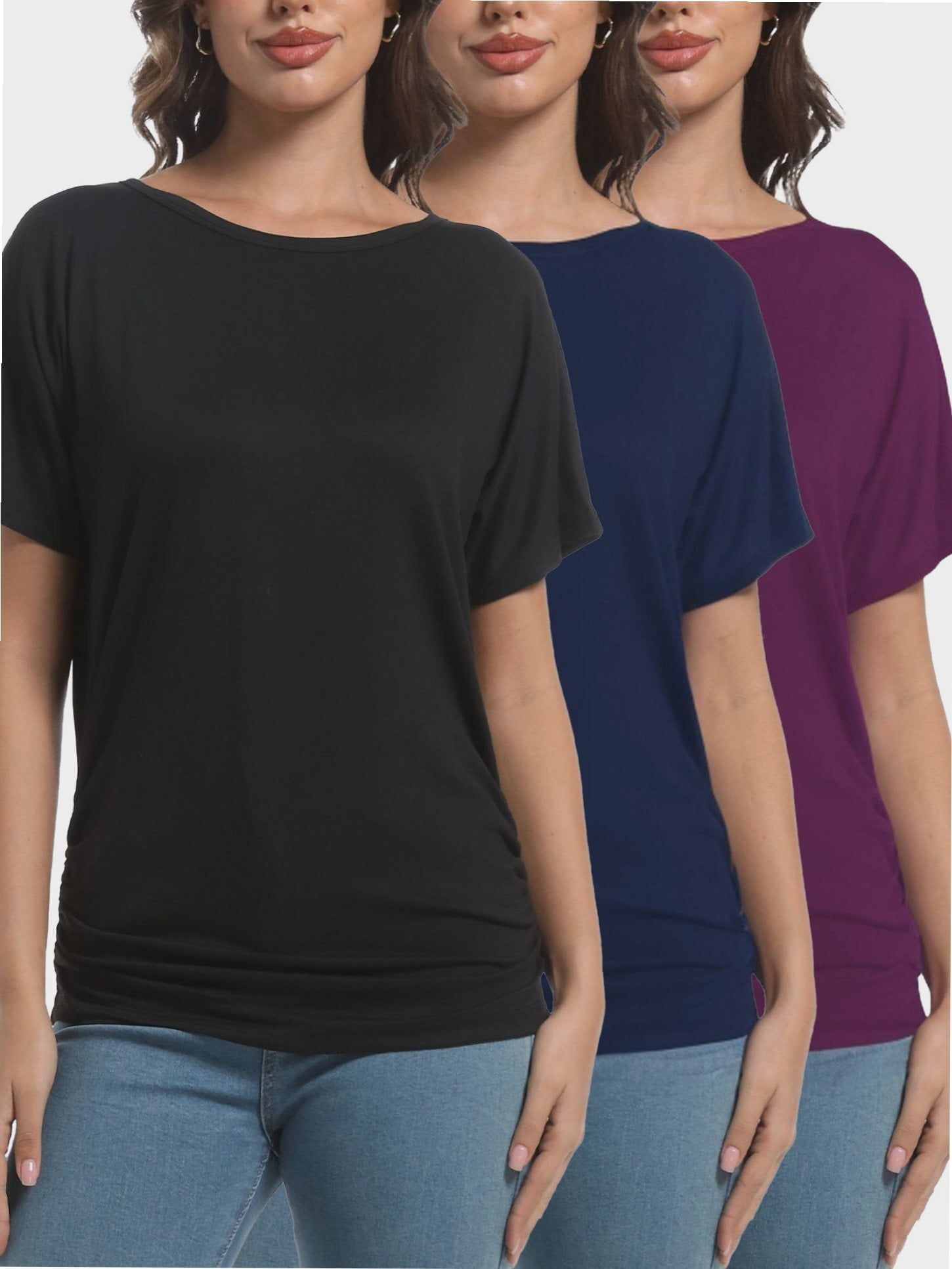 3pack-Black Womens Casual T Shirts Dolman Short Sleeve Shirts Boat Neck ...