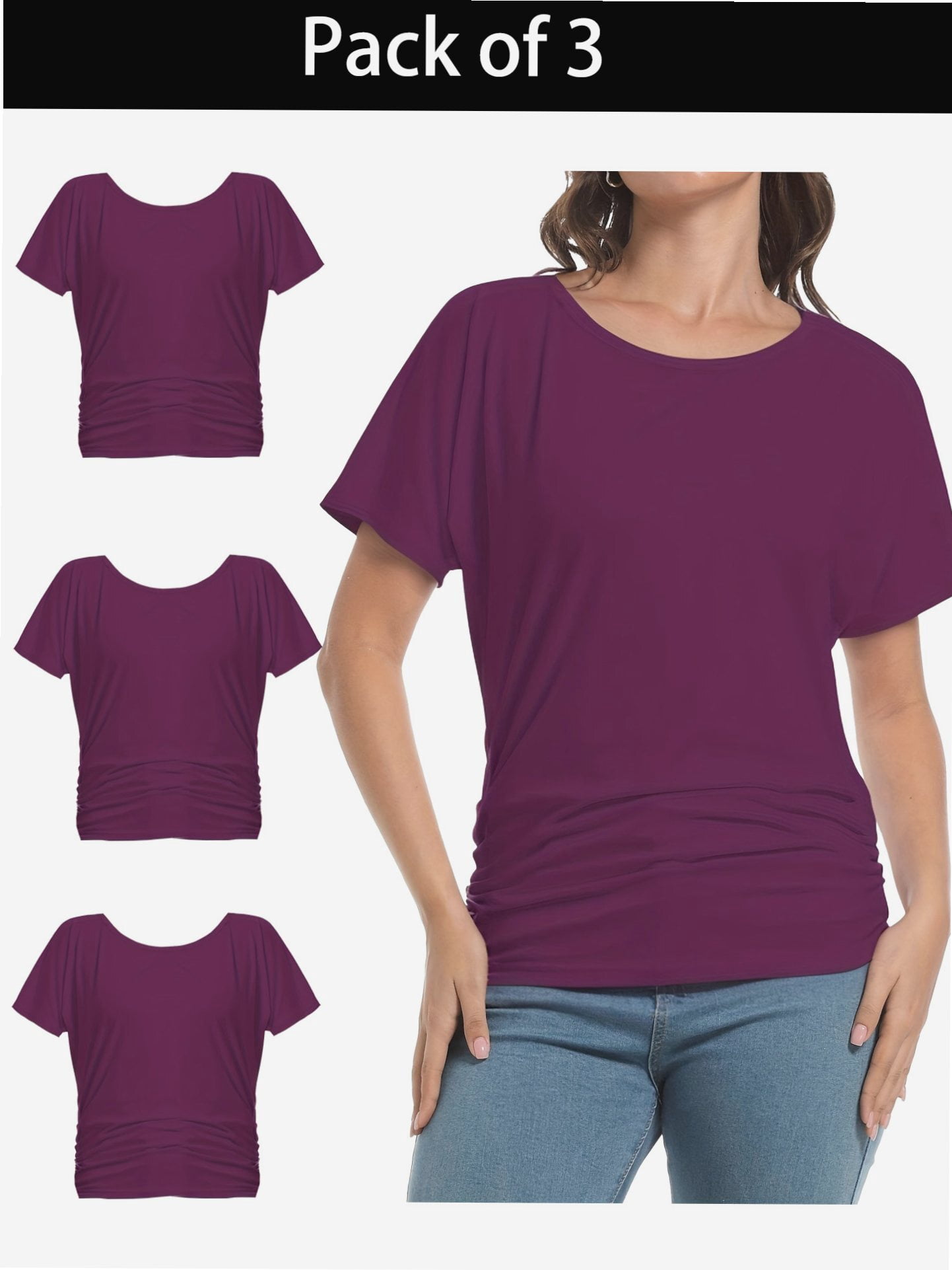 3pack-Deep Purple Women's Short Sleeve Boat Neck Dolman Top with Side ...