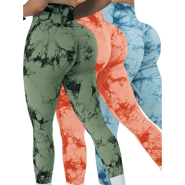 3pack Tie Dye Seamless Leggings For Women, High Waist Yoga Pants Scrunch Butt Lifting Elastic ...