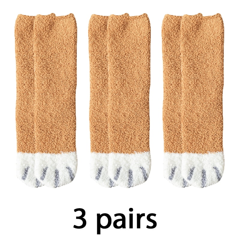 3pairs Cute Cat Paw Socks Women Winter Stretch Contrast Color Coral ...