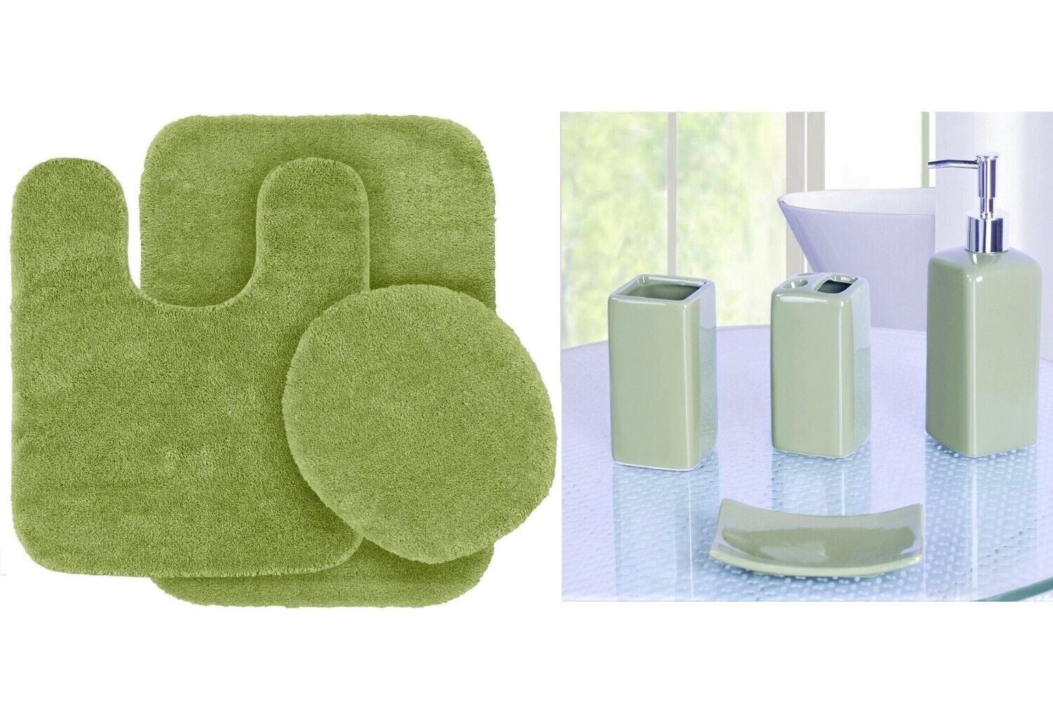 3pc Bathroom rug mat set + Matching Ceramic Accesories #6 Sage green ...
