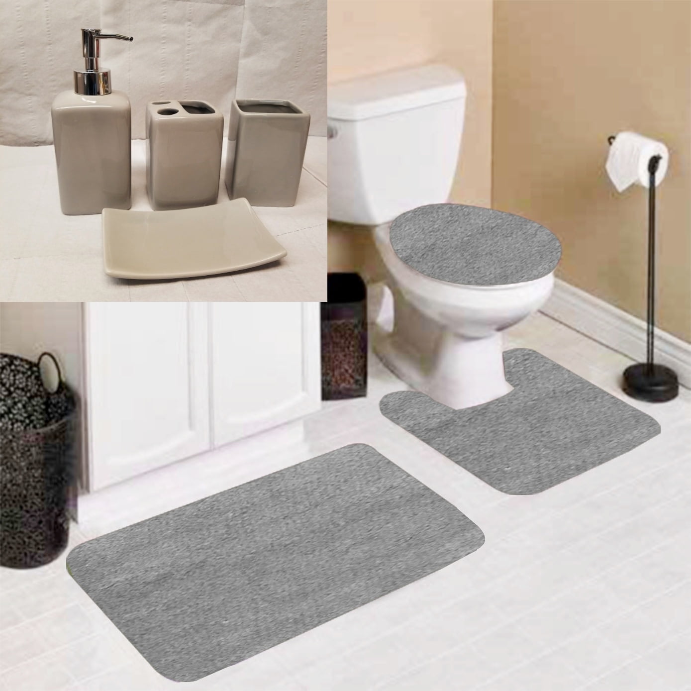 3pc Bathroom rug mat set + Matching Ceramic Accesories #6 Silver color ...