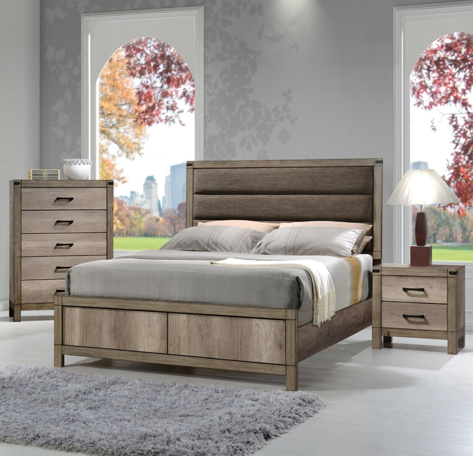 3pc Bedroom Set Queen Size Upholstered Bed Chest Nightstand Rustic ...