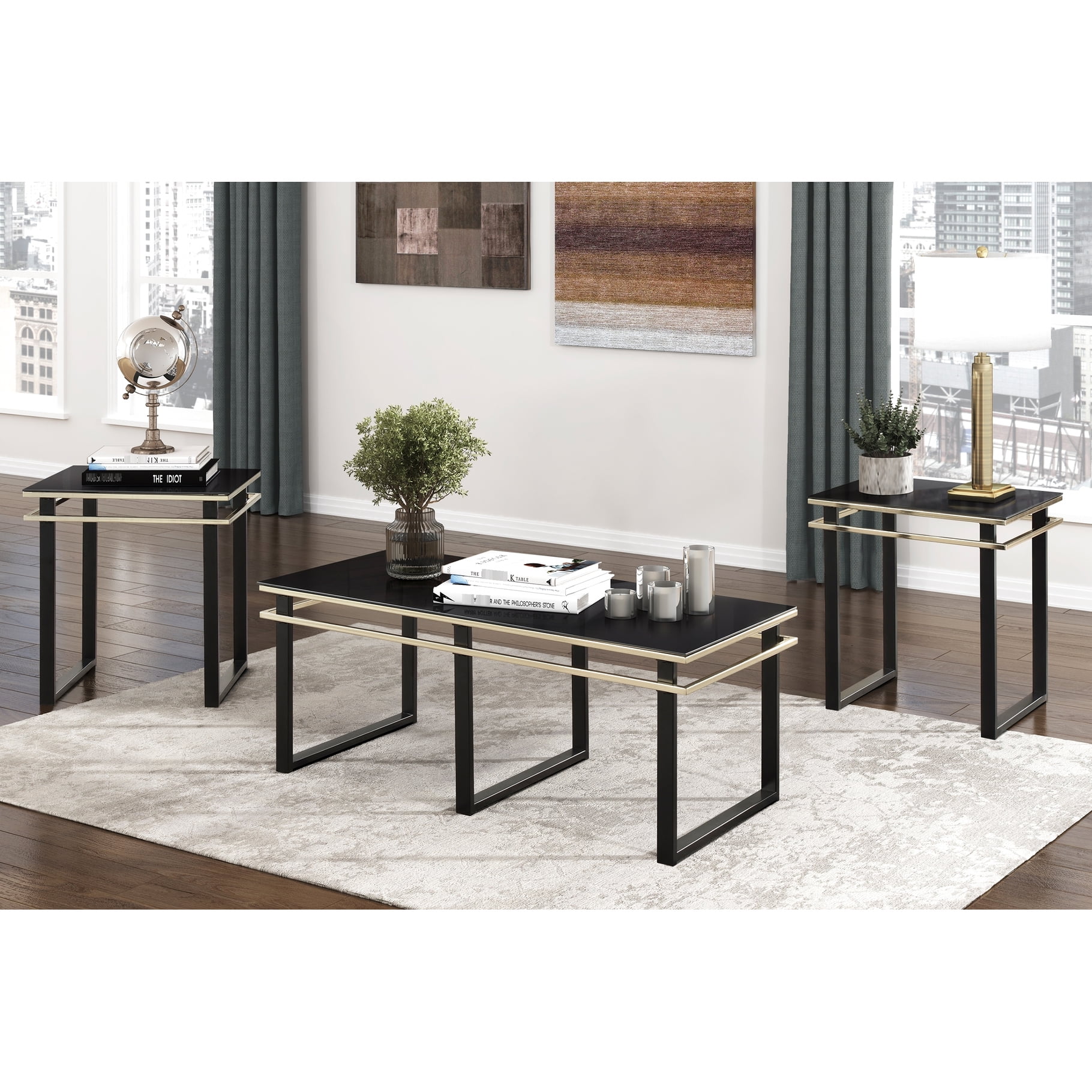 3pc Black Coffee Table And End Tables : Modern Look With Tempered Glass ...
