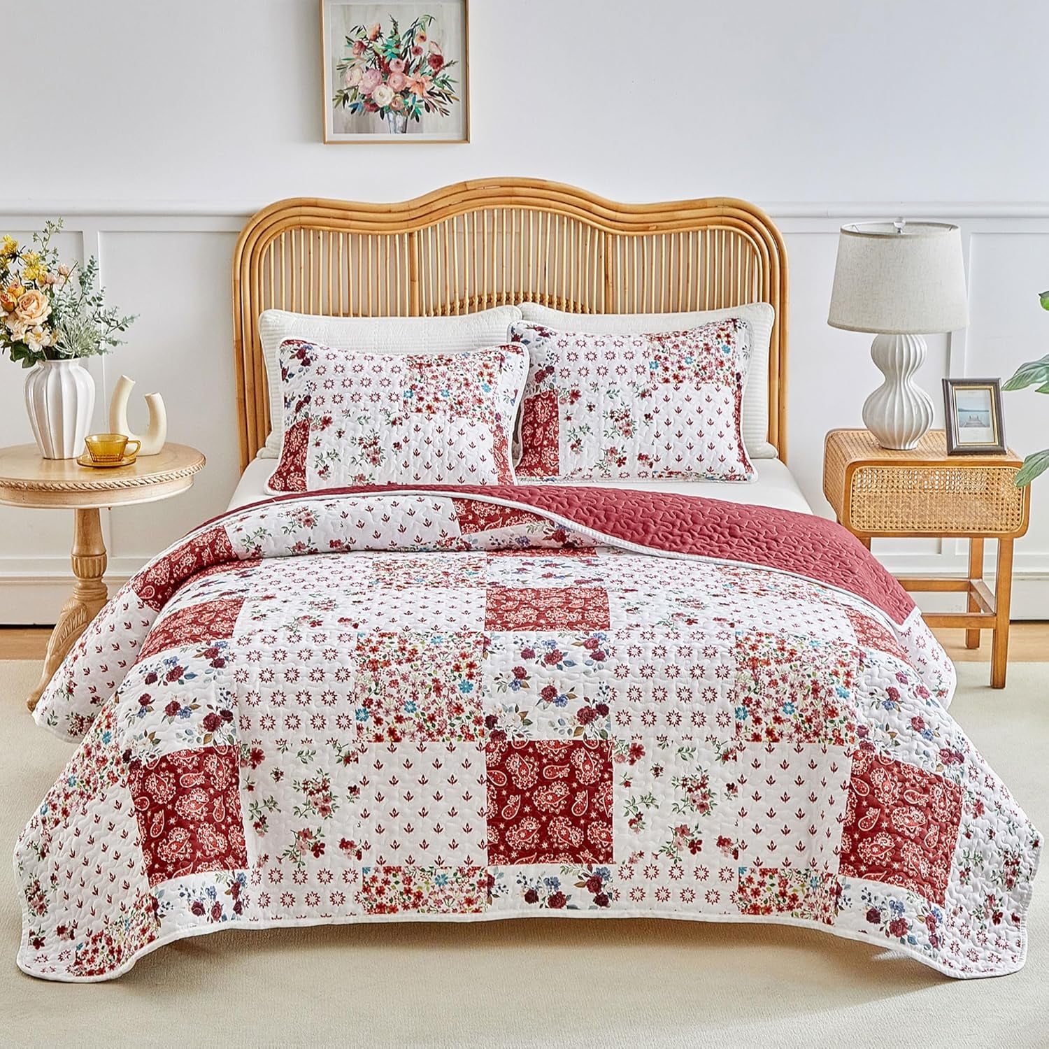 3pc Cal King Quilt Set, Burgundy/White Floral, Microfiber, All-Season ...