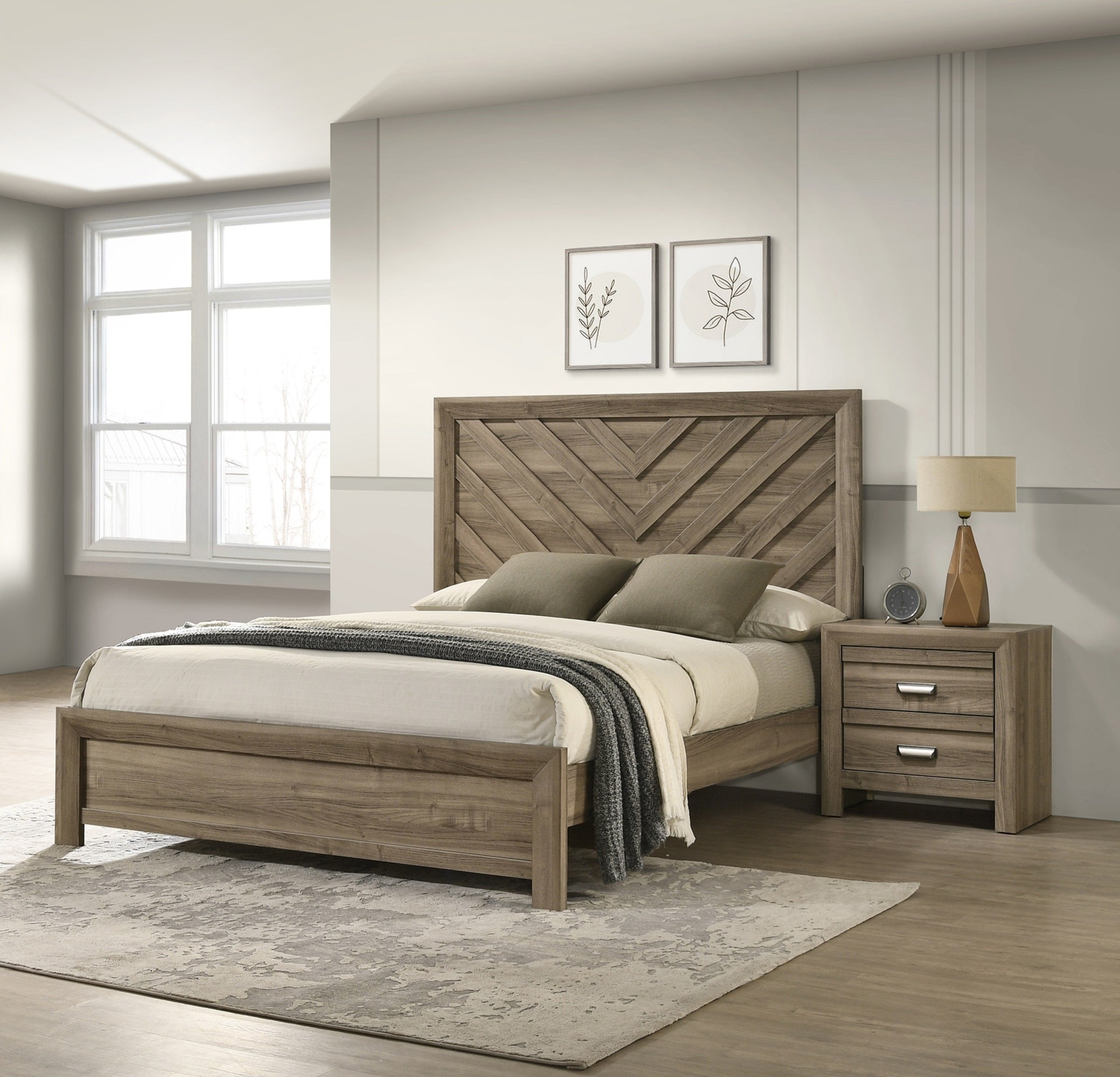 3pc Chevron-patterned Brown Finish Queen Size Bed Nightstand Furniture ...
