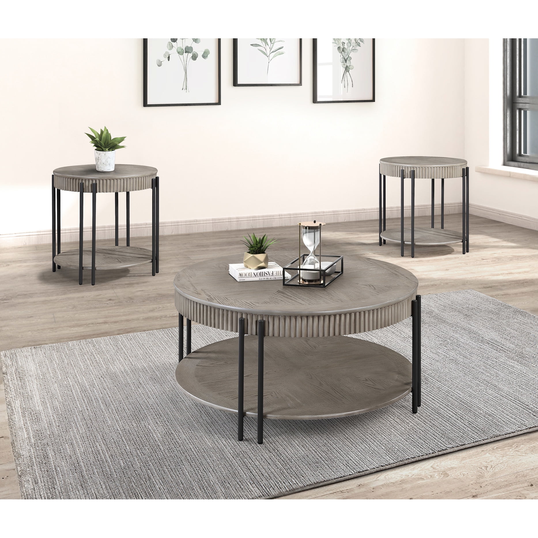 3pc Coffee Table And End Tables , Round, Metal Legs, Storage Shelf ...