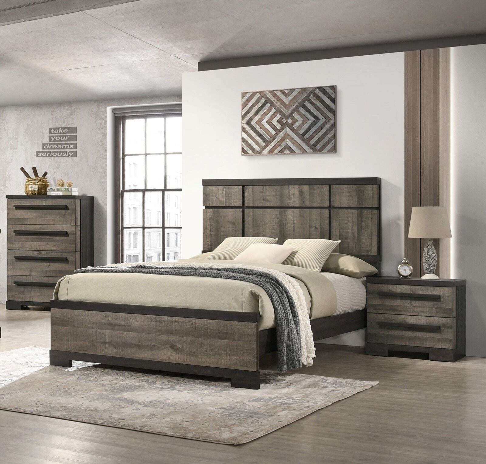 3pc Contemporary King Size Panel Bed Chest Nightstand Set Brown/Gray ...