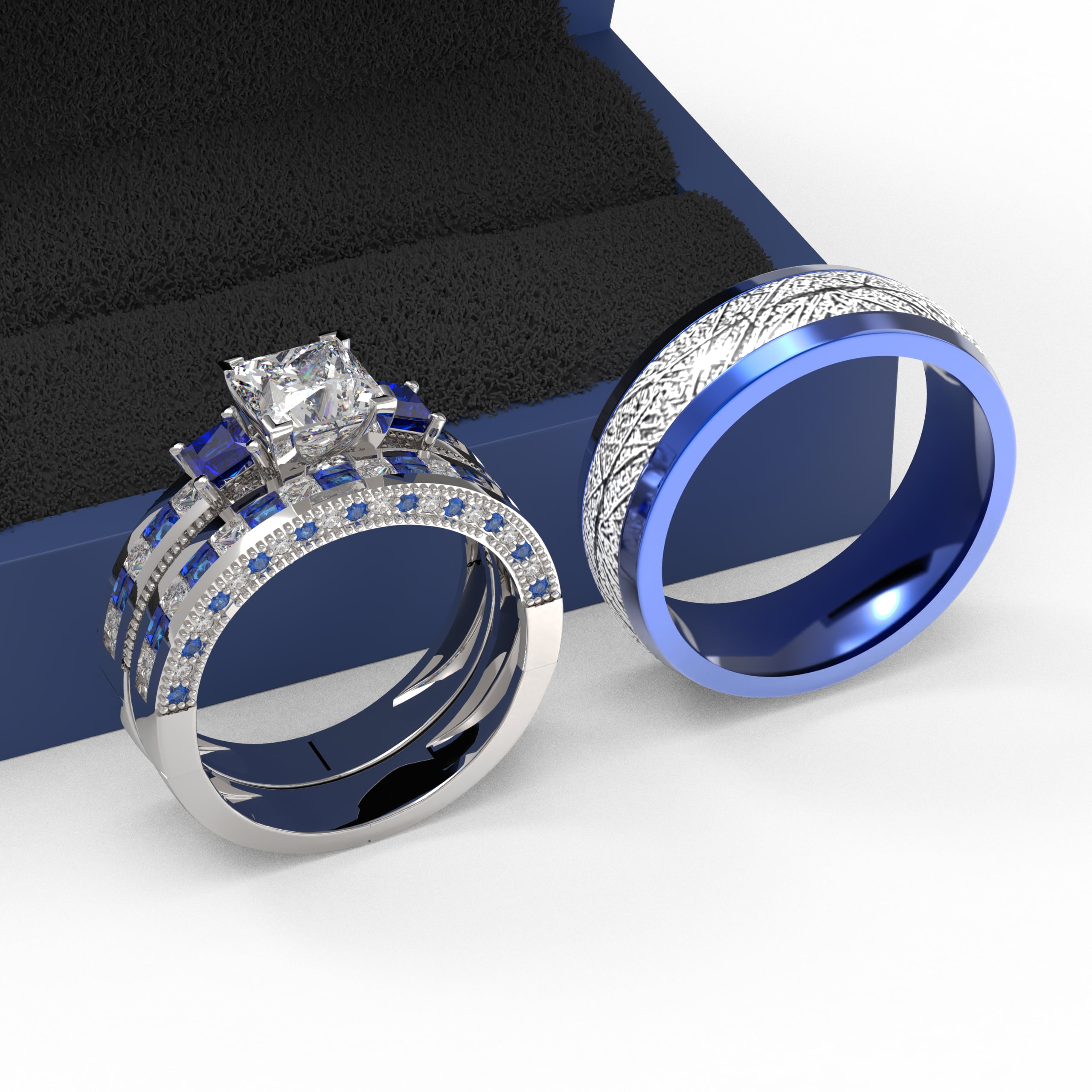 3pc Couples Wedding Ring Sets His And Hers Women Sterling Silve Round ...