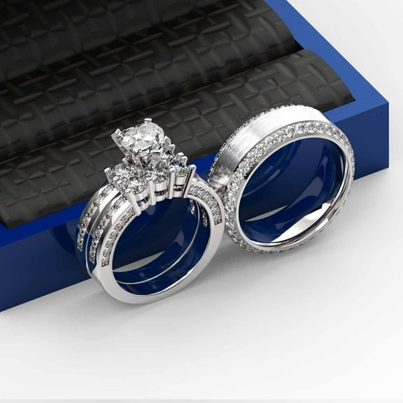 3pc Couples Wedding Ring Sets His And Hers Women Sterling Silve Round ...