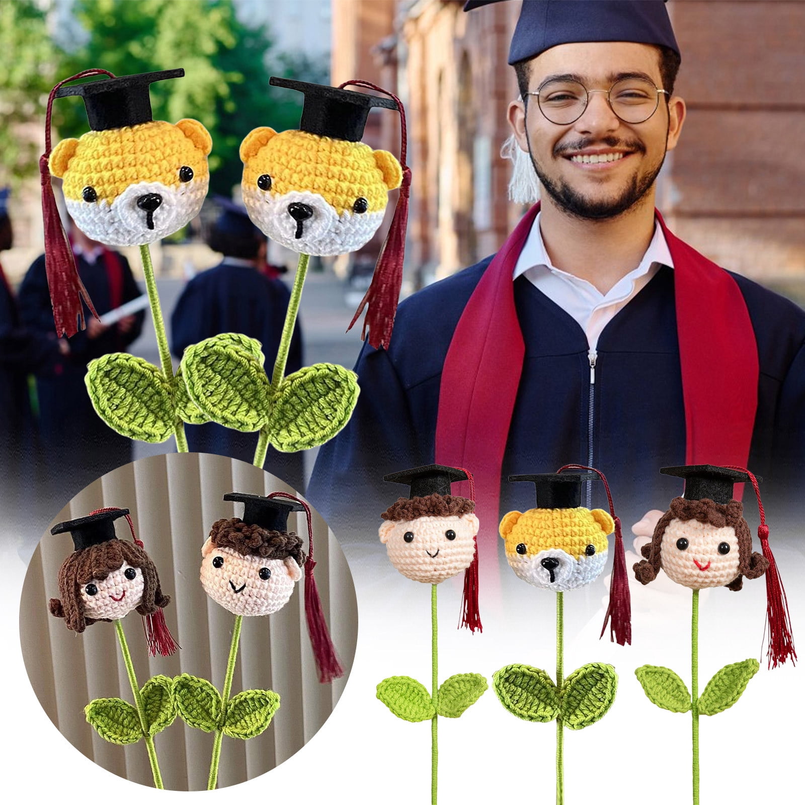 3pc Crochet Graduation Theme Bouquet Picks Knitted Artificial Flower ...