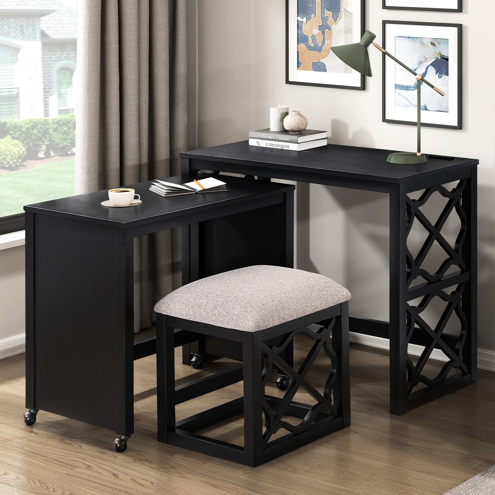 3pc Desks With Stool, Black Color, Rolling Desk 2 Charging Ports For ...