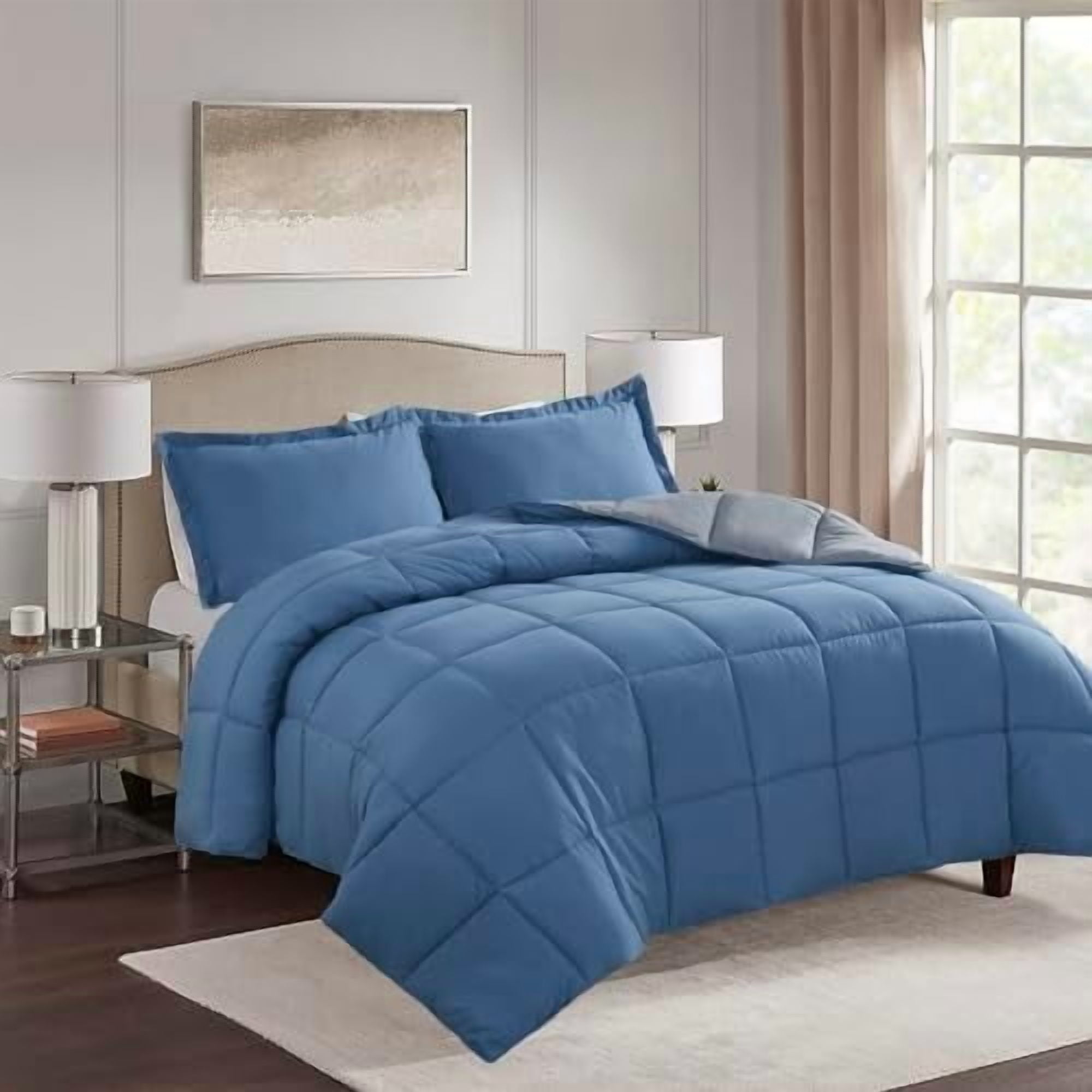 3pc Dusty Blue Queen Size Comforter Set - All Season Reversible Down ...