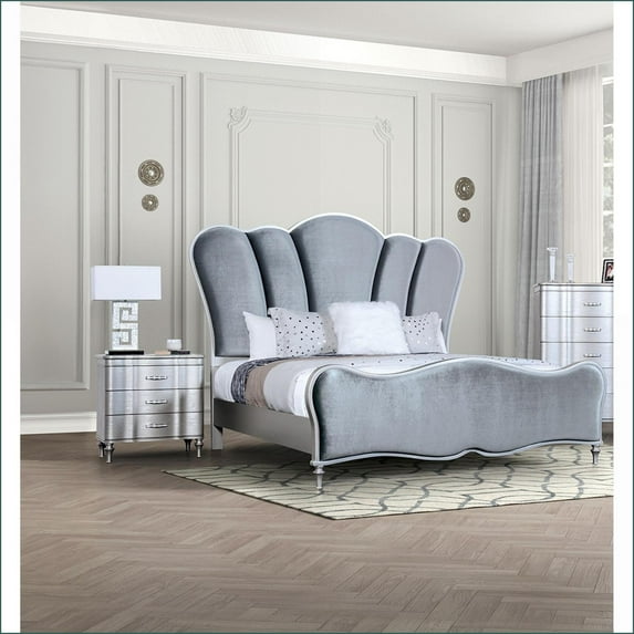 3pc Eastern King Bedroom Set – Light Gray Fabric Bed + 2 Nightstands ...