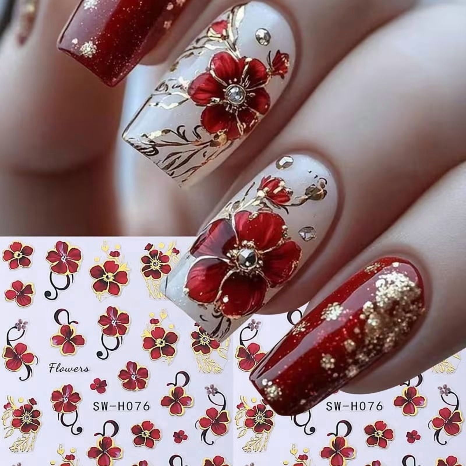 3pc Elegant Floral Nail Art Stickers - Red Flowers with Golden Trim ...