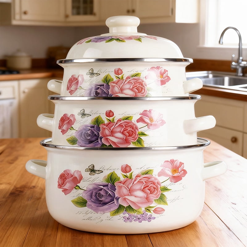 3pc Enamel Cookware Set - Cooking Pot, Soup Pot & Stew Pot with Lids ...
