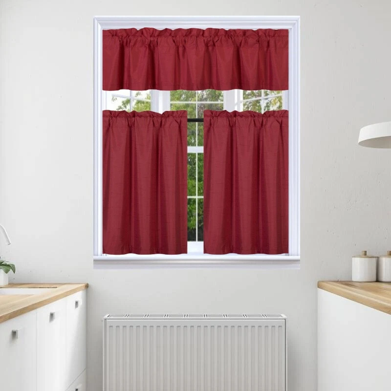 3pc Faux Silk Kitchen Curtain Blackout Lined Solid Color Rod Pocket ...