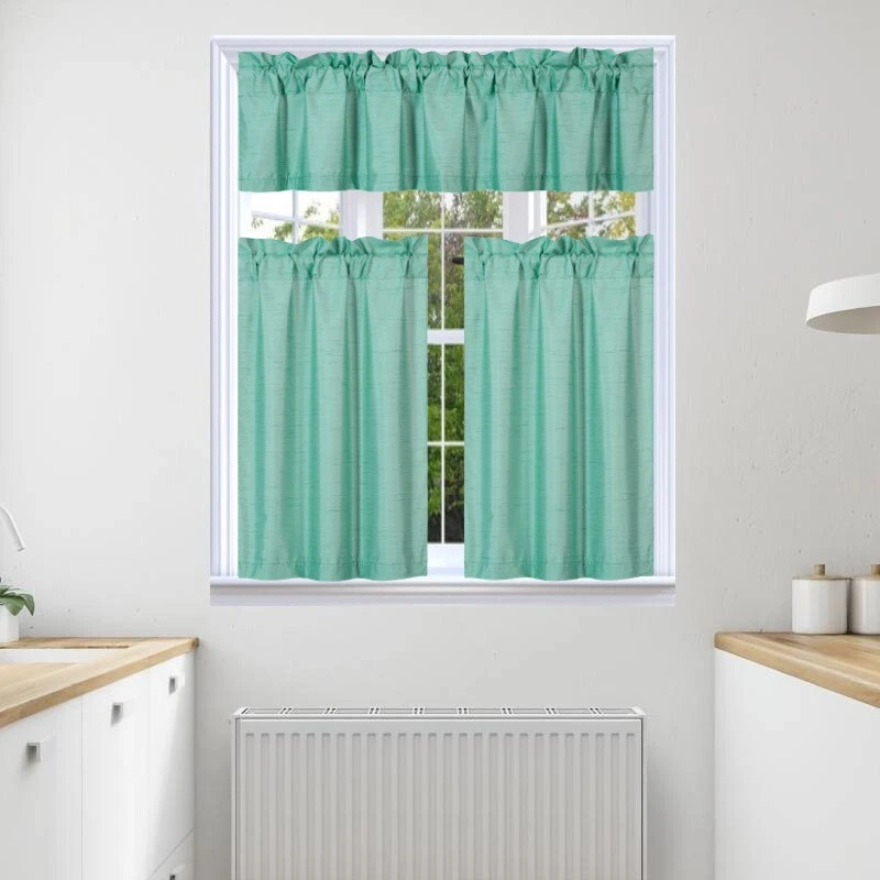 3pc Faux Silk Kitchen Curtain Blackout Lined Solid Color Rod Pocket ...