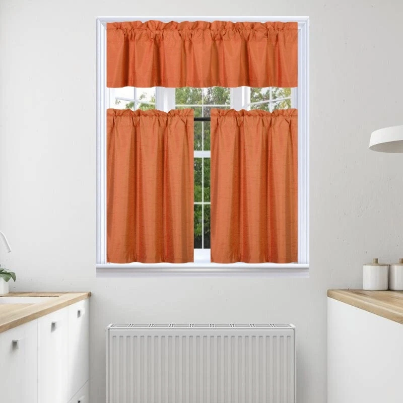 3pc Faux Silk Kitchen Curtain Blackout Lined Solid Color Rod Pocket ...