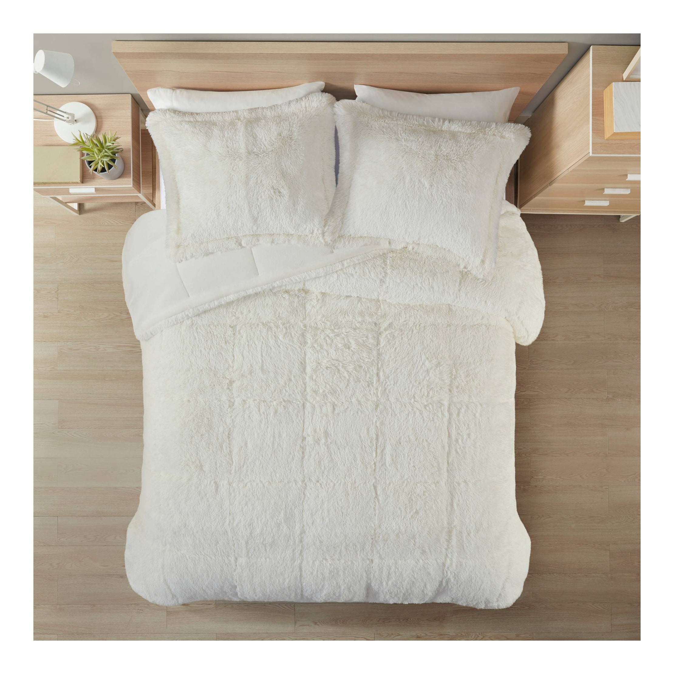 3pc Full/Queen Leena Shaggy Long Faux Fur Comforter Mini Set Ivory - Walmart.com