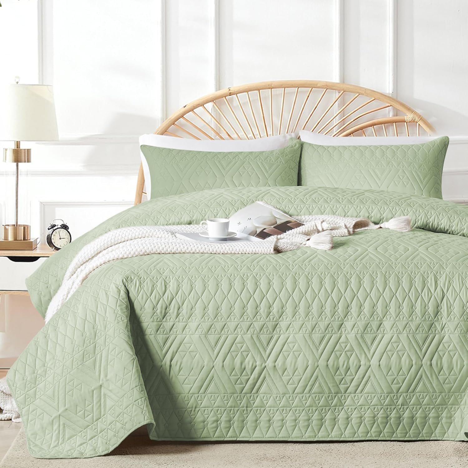 3pc Full/Queen Quilt Set, Sage Green, Geometric, Lightweight ...
