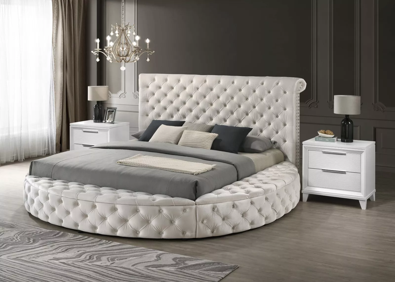 3pc Glam Queen Tufted Headboard Upholstered Storage Round Bed 2x ...