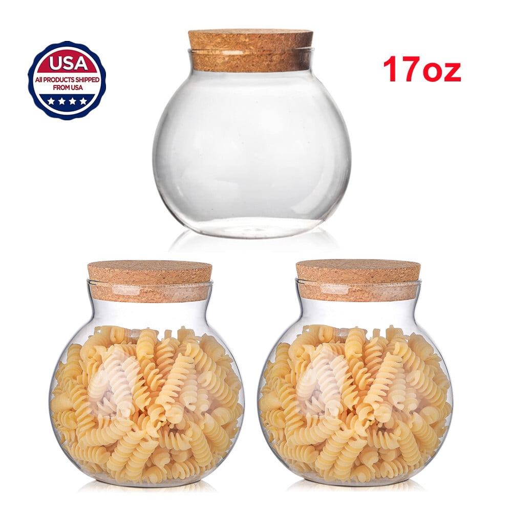3pc Glass Food Storage Jars with Cork Lid Glass Containers [17 oz ...