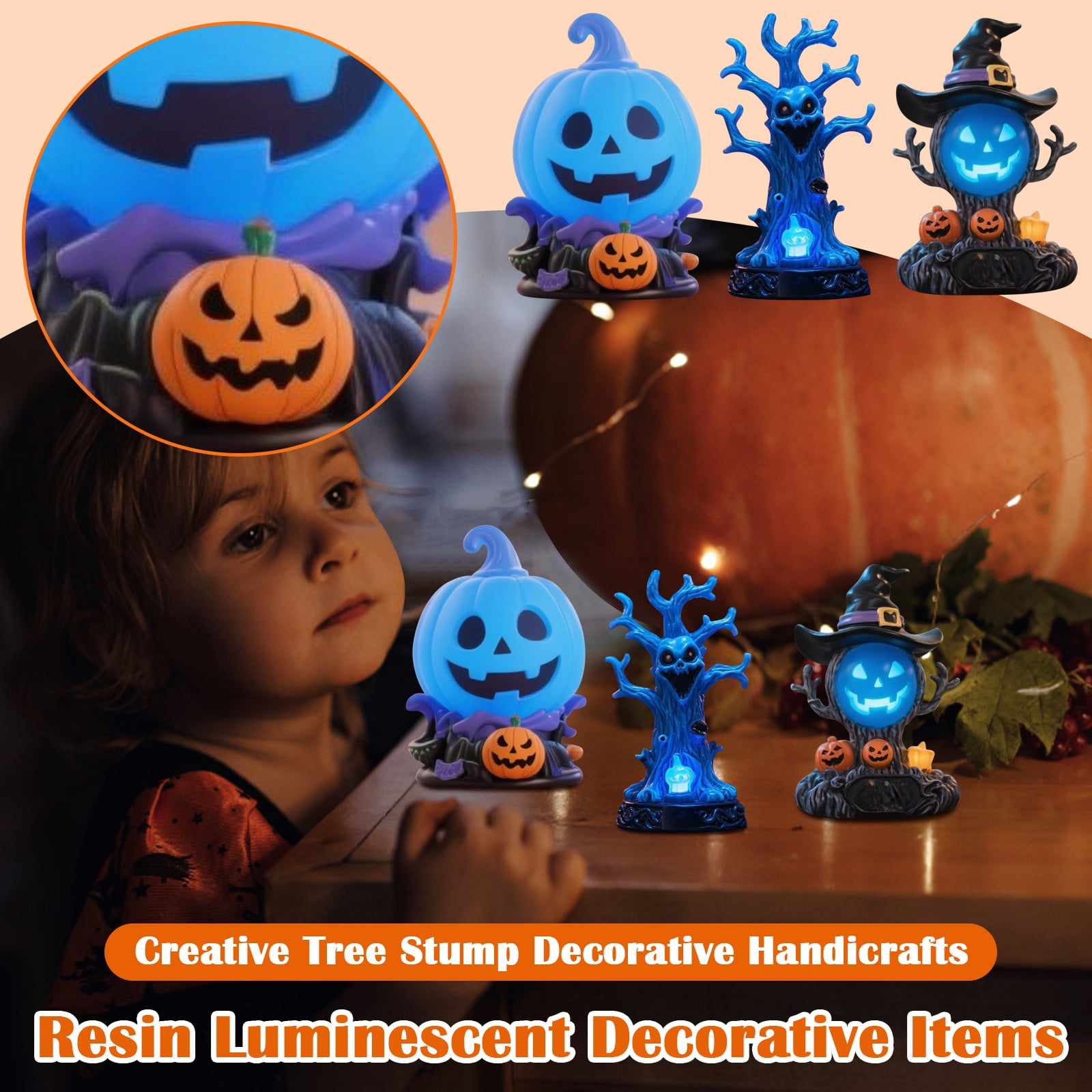 3pc Halloween Pumpkin Resin Luminescent Decoration , Creative Tree ...