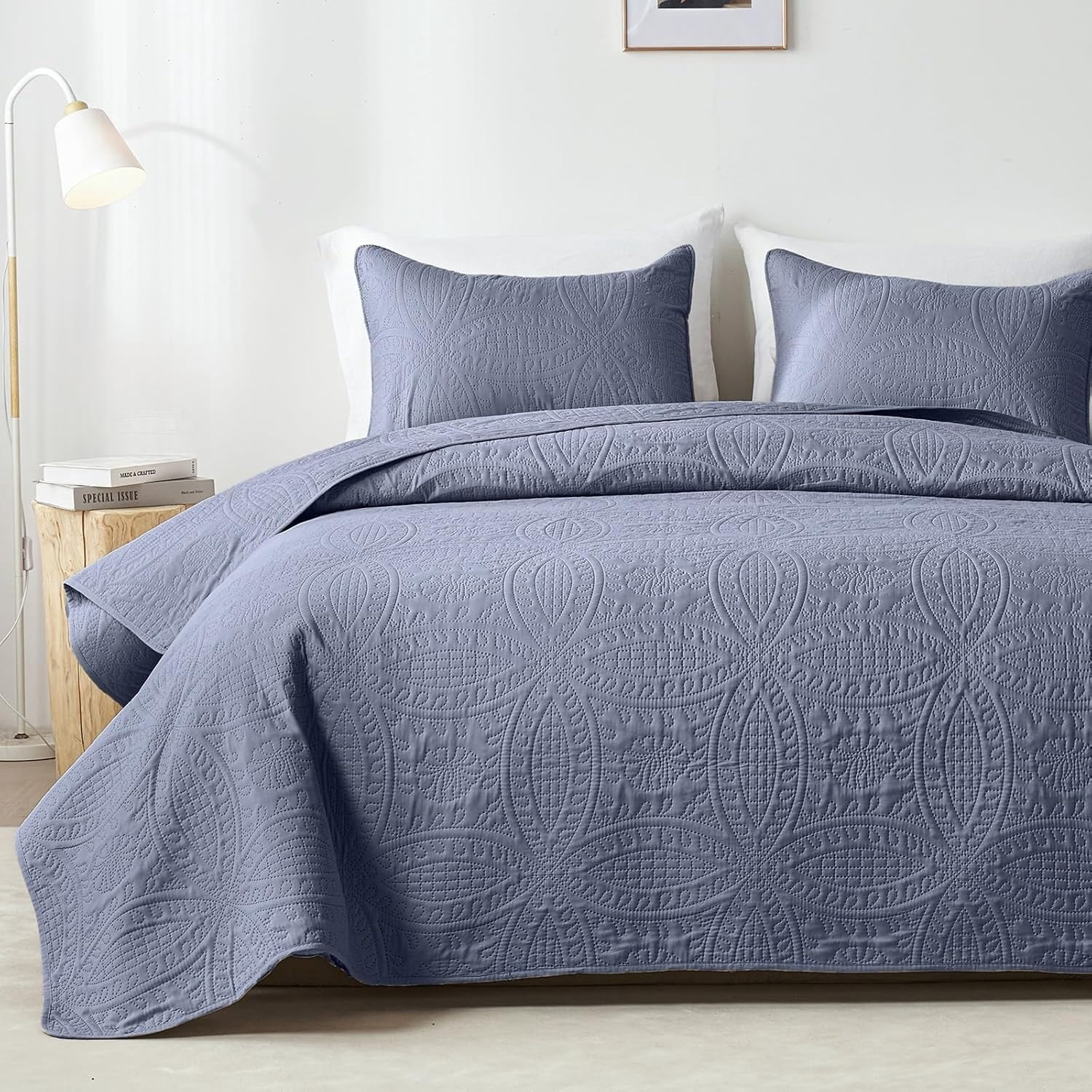 3pc King/Cal King Quilt Set, Bluish Grey, Coin Pattern, Lightweight ...