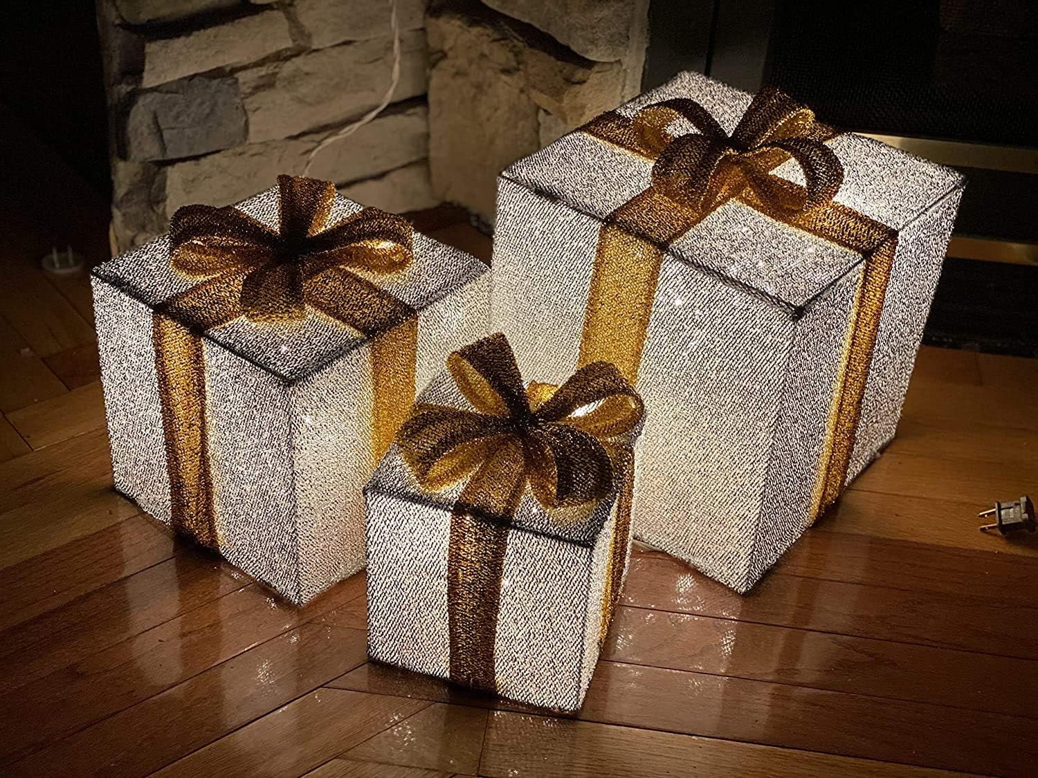 3pc Lighted Tinsel Gift Boxes Presents Outdoor Christmas Decor ...