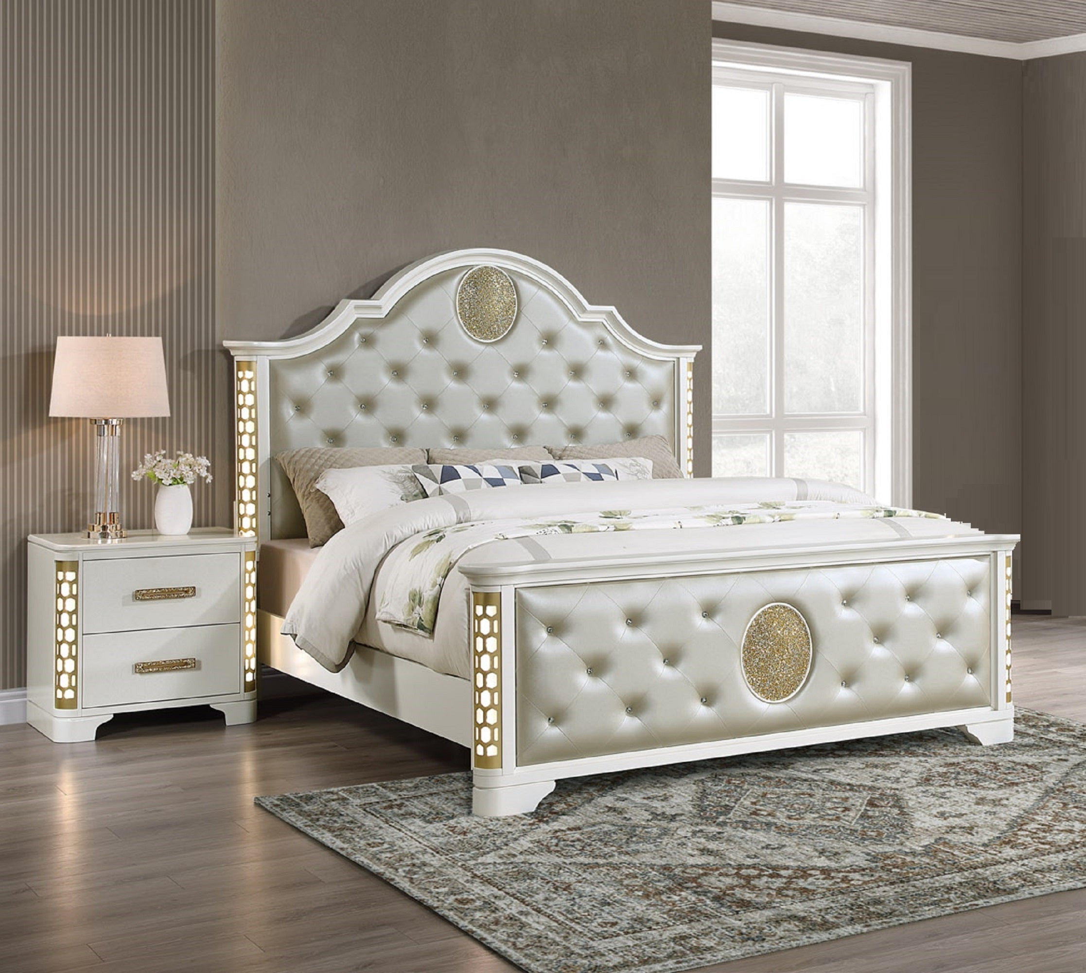 3pc Luxurious King LED Light Bed 2x Nightstand Set Beige Ivory Modern ...